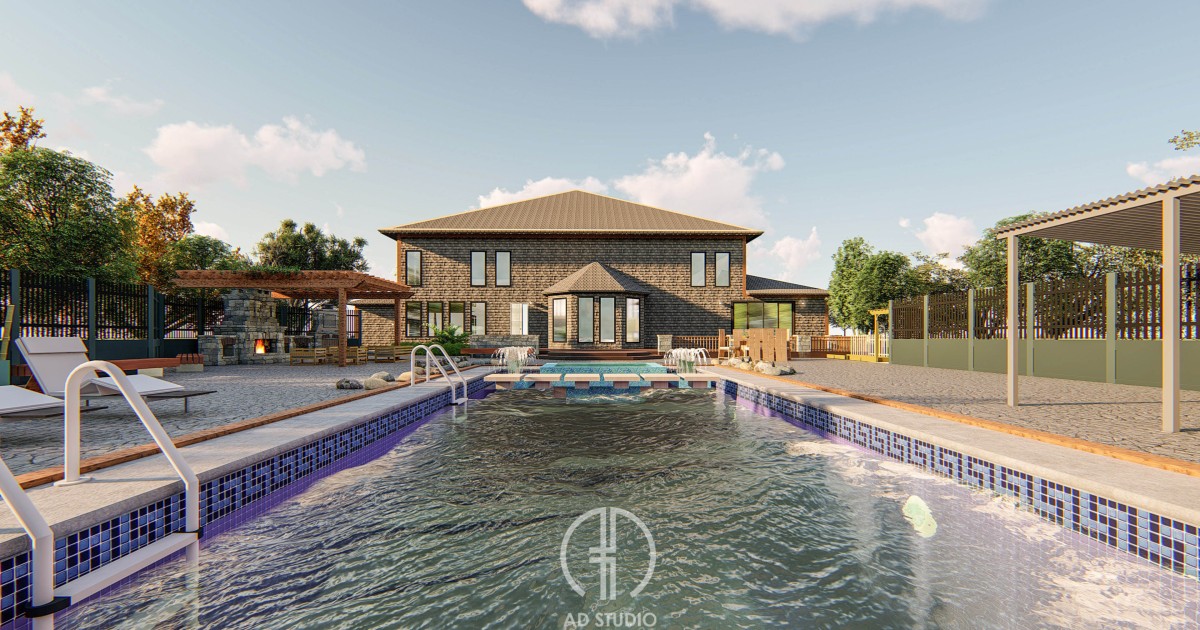 A rendering of a swimming pool in front of a house. | Autodesk ...